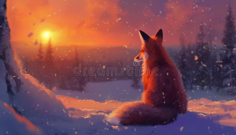 Cute Red Fox Sitting in Snow, Looking at Sunset Stock Illustration ...