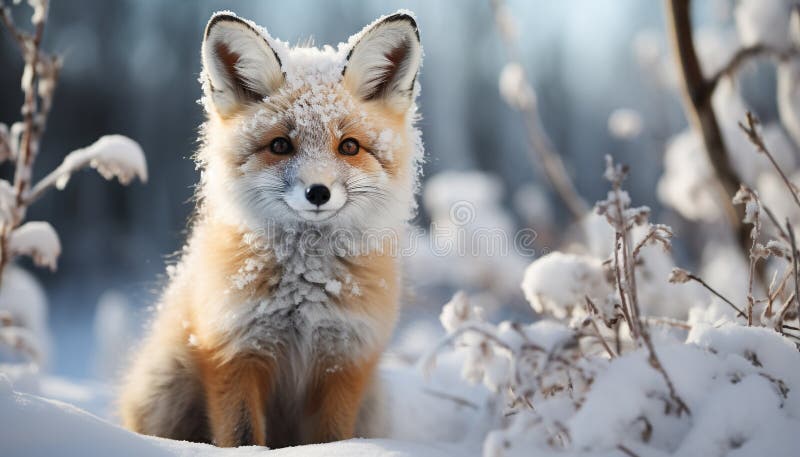 Cute Red Fox Sitting in Snow, Staring at Camera Generated by AI Stock ...