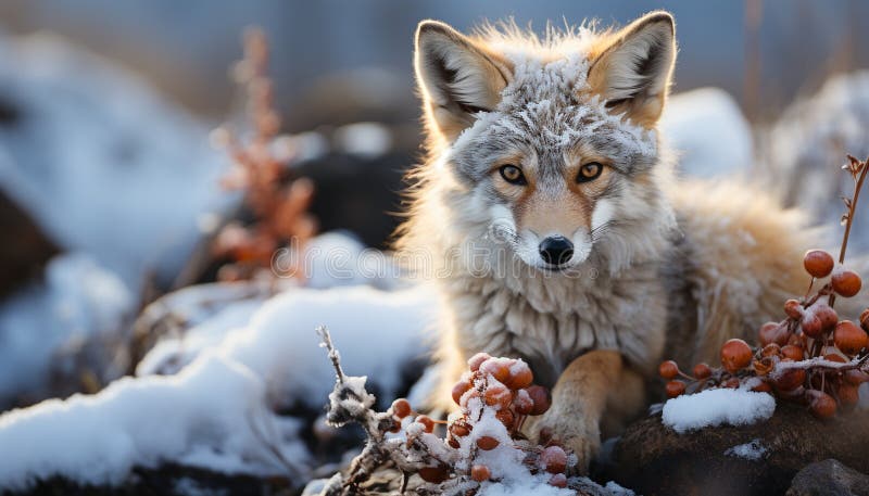 Cute Red Fox Sitting in Snowy Forest, Looking Hungry Generated by AI ...