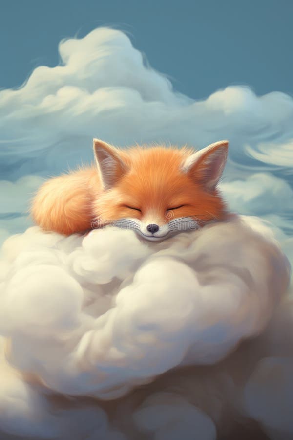 Cute Red Fox Sleeping on a Cloud Watercolor Drawing. Generative AI ...