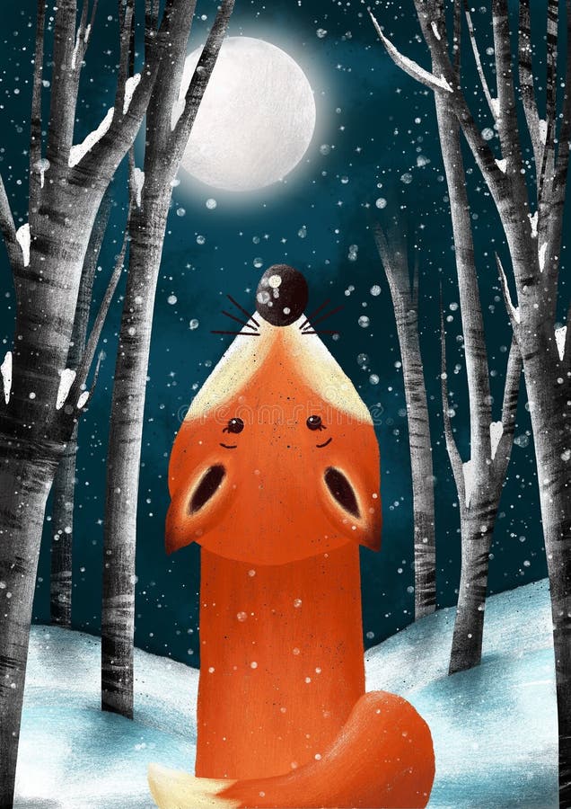Cute Red Fox in Snow Dark Forest Stock Illustration - Illustration of ...