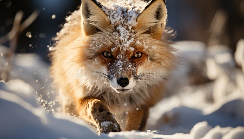 Cute Red Fox in Snow, Looking at Camera, Fluffy Tail Generated by AI ...