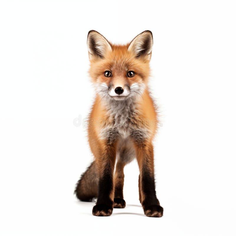 Cute Red Fox Standing and Looking Forward on White Background Stock ...