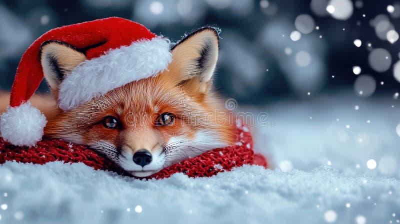 Cute Red Fox Wearing Santa Hat and Red Scarf in Snow Stock Image ...