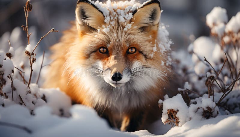 Cute Red Fox in Winter Forest, Looking at Camera Generated by AI Stock ...