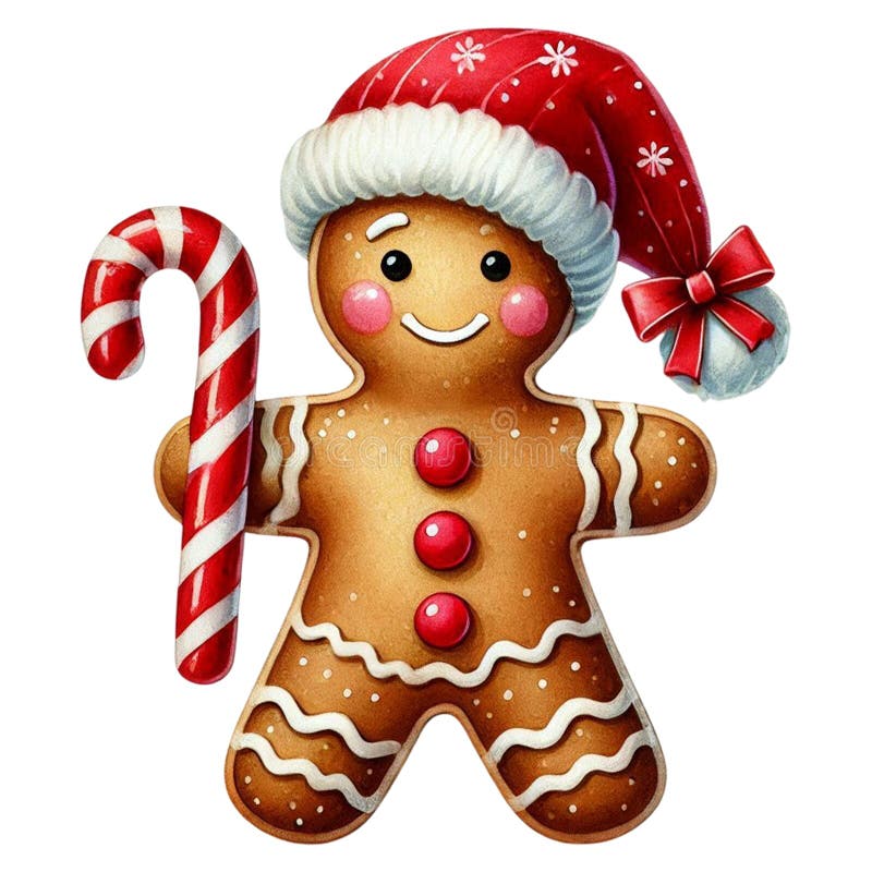 Cute Red Gingerbread Man Holding a Candy Cane Printable Stock ...
