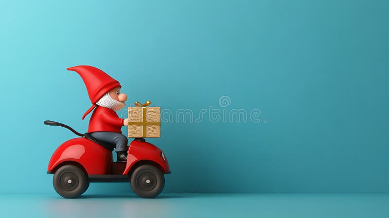 Cute Red Gnome Driving Red Car Carrying Gift on Light Blue Background ...