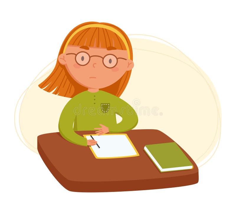 Cute Red-haired Girl Doing Homework Vector Illustration. daily Routine ...