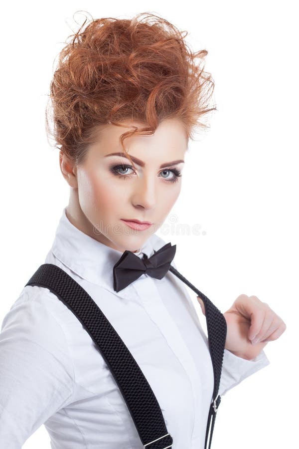 Cute Red-haired Model in Blouse and Bow-tie Stock Image - Image of ...