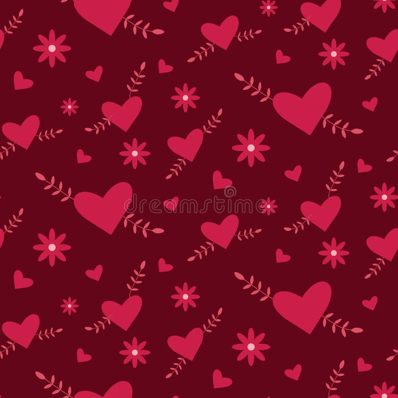 Cute Red Hearts Vector Seamless Pattern with Leaves and Flowers on Dark ...