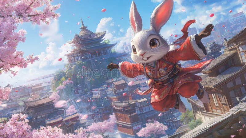 Cute Red Kimono Rabbit Flying Over Spring Cityscape Stock Illustration ...