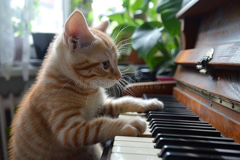 Cute Red Kitten Playing Music on an Upright Piano Stock Image - Image ...