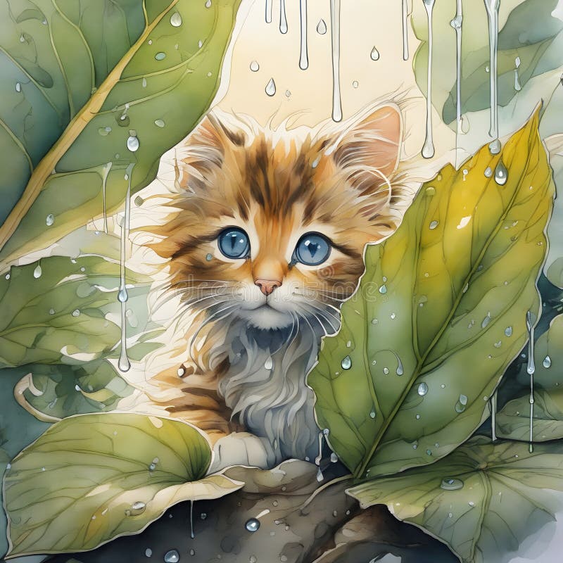 Cute Red Kitten in the Rain. Stock Illustration - Illustration of ...