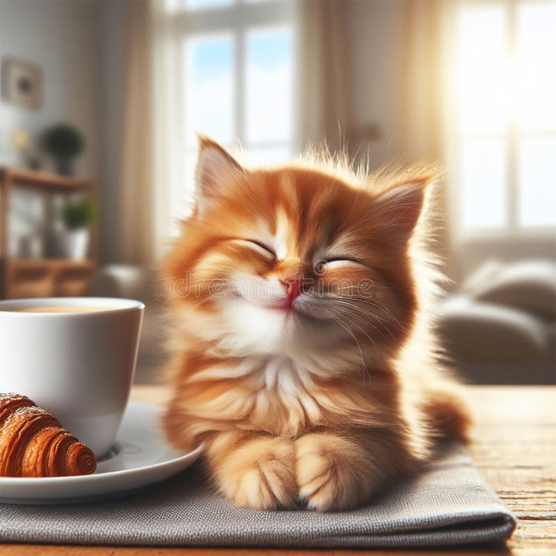 Cute Red Kitten Ready for Breakfast Stock Illustration - Illustration ...