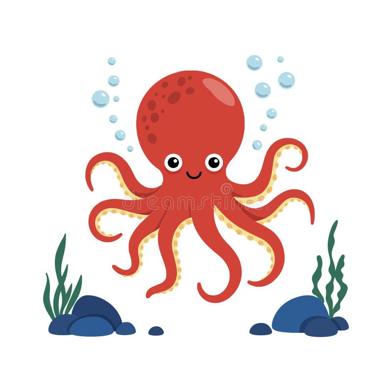Cute Red Octopus with Bubbles in a Flat Vector Illustration Stock ...