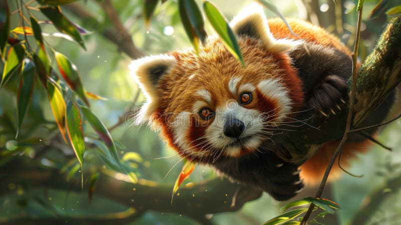 A Cute Red Panda Hanging Upside Down from a Tree Branch, with a Playful ...