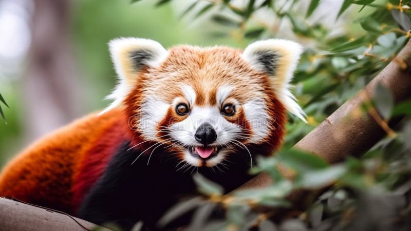 A Cute Red Panda Peering Out from Behind a Tree Trunk. Generative Ai ...