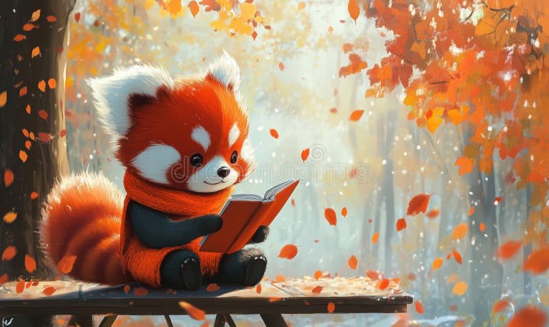 Cute Red Panda Reading a Book in Autumn Forest with Falling Leaves ...