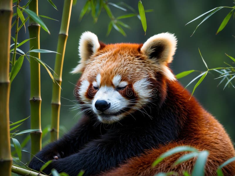 A Cute Red Panda Relaxing among Bamboo Stalks in a Peaceful Forest ...