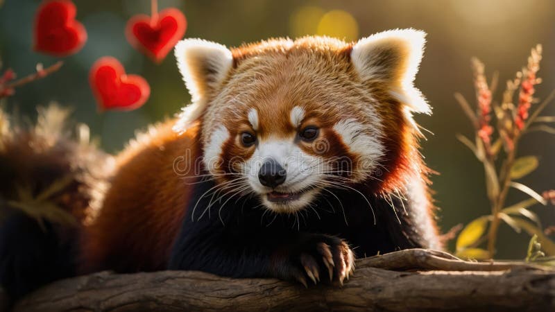 Adorable Red Panda Relaxing on a Branch with Hearts Stock Illustration ...