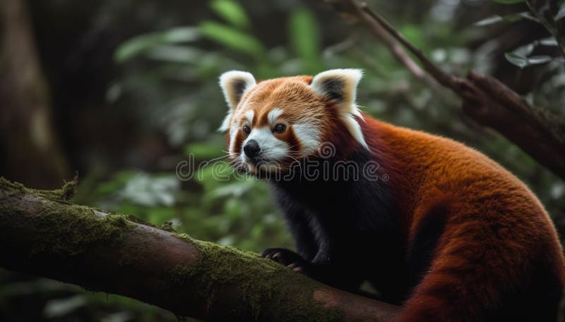 Cute Red Panda Sitting on Bamboo Branch Generated by AI Stock ...