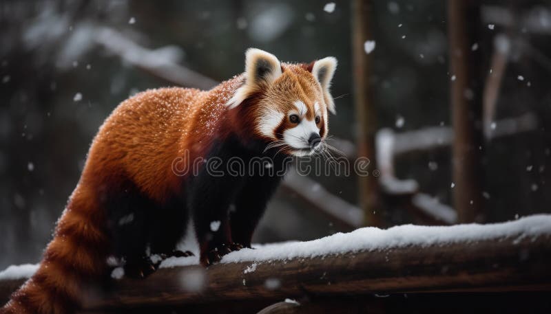 Cute Red Panda Sitting on Snowy Branch Generated by AI Stock ...