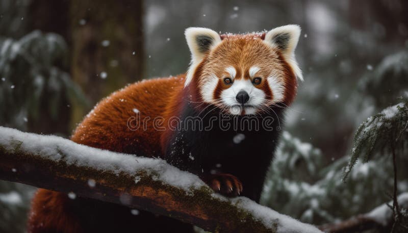 Cute Red Panda Sitting on Snowy Branch Generated by AI Stock ...