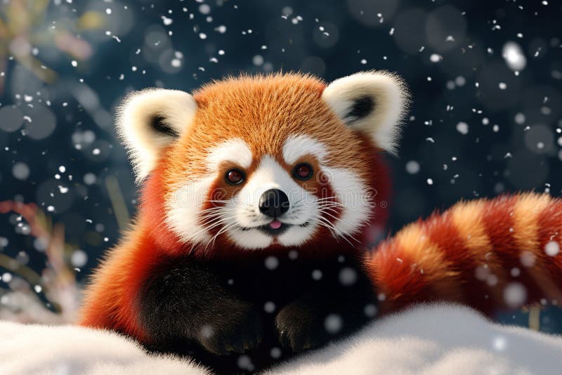 Cute Red Panda with Snow Falling in Winter. Stock Illustration ...