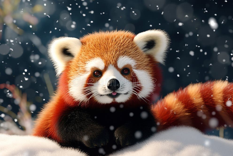 Cute Red Panda with Snow Falling in Winter. Stock Illustration ...