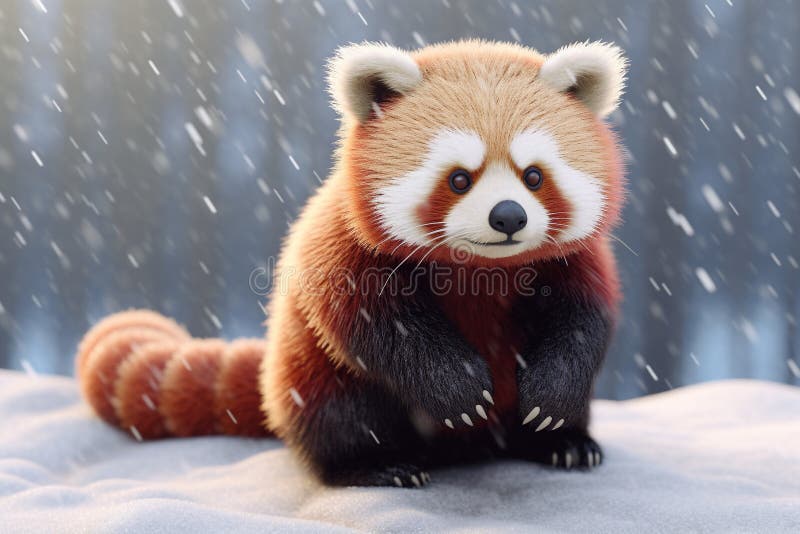 Cute Red Panda with Snow Falling in Winter. Stock Illustration ...