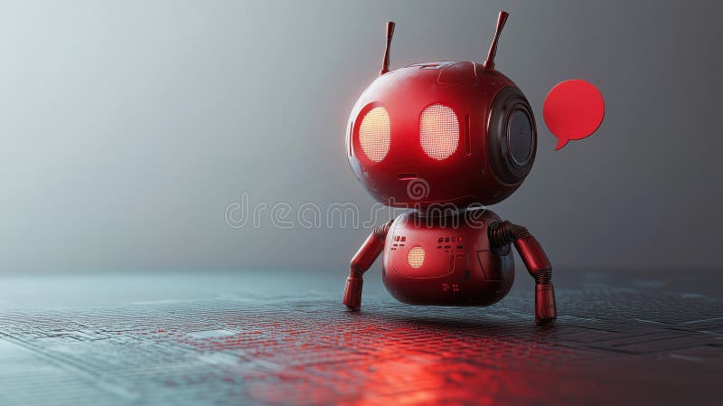 Cute Red Robot with Glowing Eyes and Speech Bubble Stands on Futuristic ...