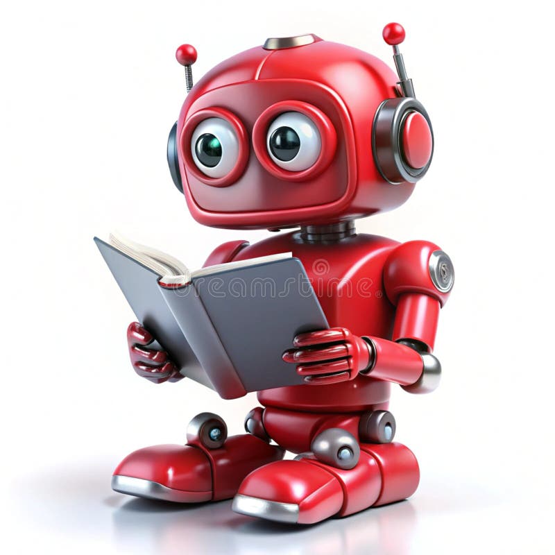 Cute Red Robot Reading a Book Stock Illustration - Illustration of ...
