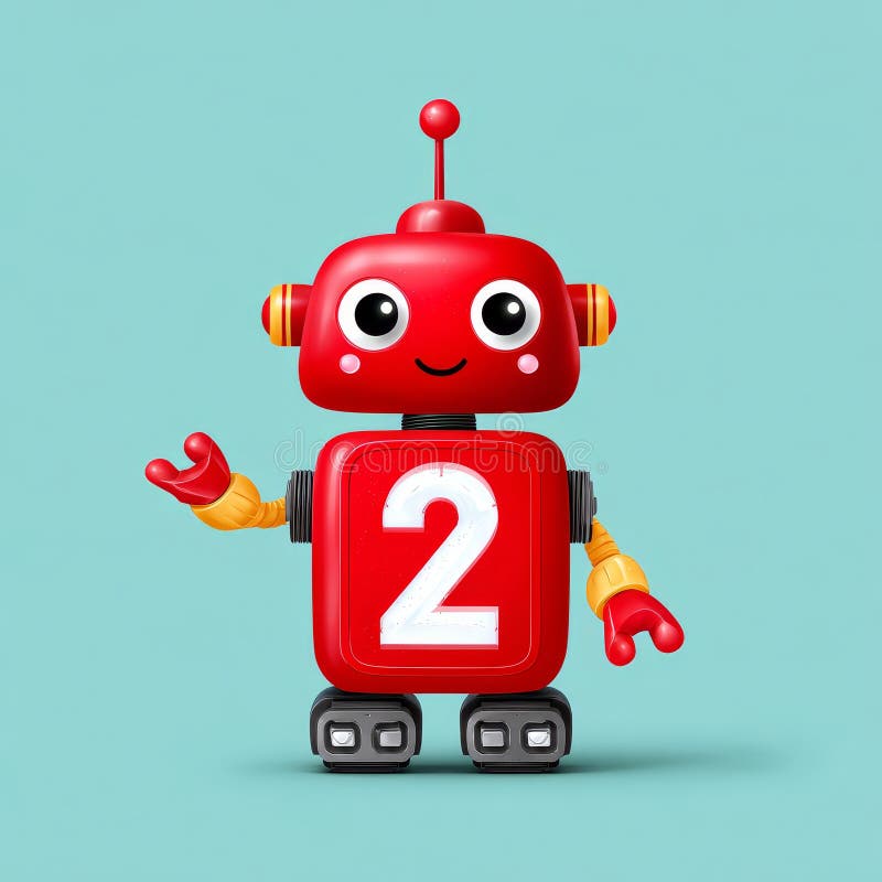 Cute Red Robot Toy with Number Two on Blue Background Stock Photo ...