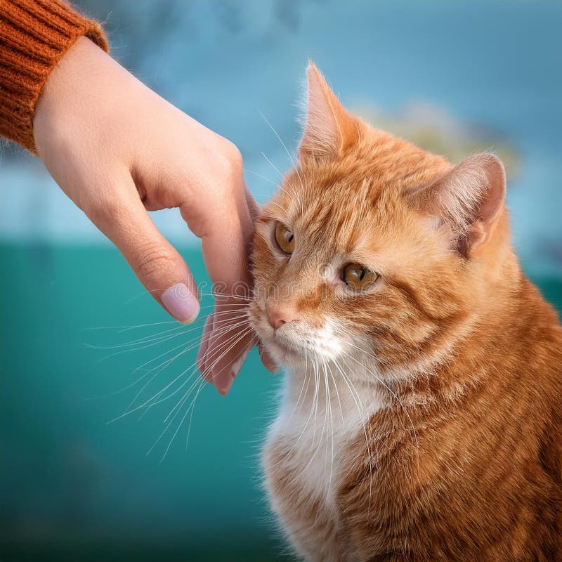 Cute Red Tabby Cat Touching Human Hand, AI Generated Stock Illustration ...