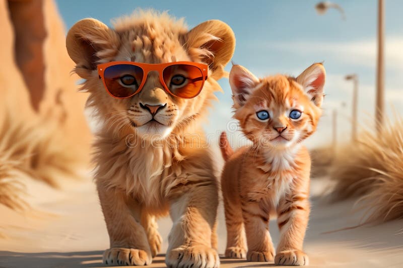 Cute Red Tiger Cub and Kitten, Walking Along the Road in the Desert ...