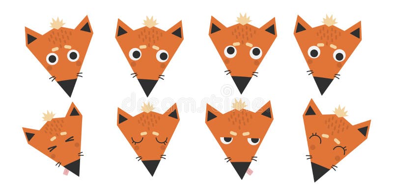 Cute Red Triangular Foxes, Face Set with Emotions, Vector Stock Vector ...