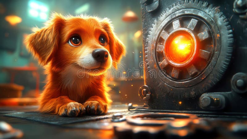 A Cute, Reddish-brown Puppy Sits on a Metallic Platform, Gazing ...
