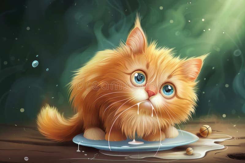 Cartoon Cat Drinking Milk stock illustration. Illustration of dish ...