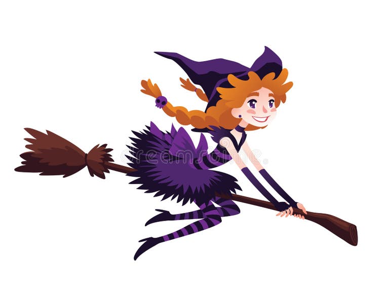 Cute Redhead Witch Flying On A Broom And Smiling Stock Vector