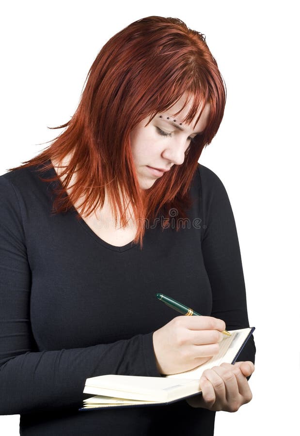 Cute Redhead Writing in Her Notebook or Diary Stock Image - Image of ...