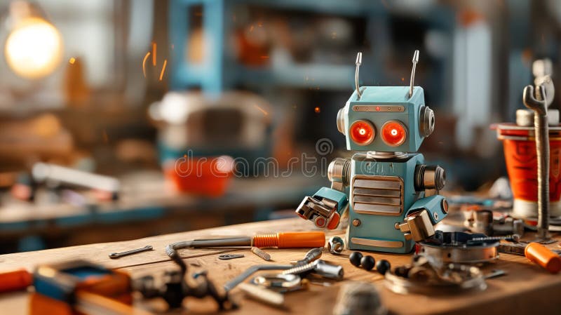 Cute Retro Robot Standing on a Workbench in a Workshop with Tools and ...