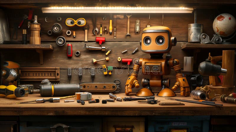 Cute Retro Robot Standing on a Workbench in a Workshop with Tools and ...