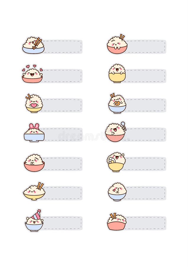 A Cute Rice Bowl Name Tag Sticker Set Stock Photo - Image of sticker ...
