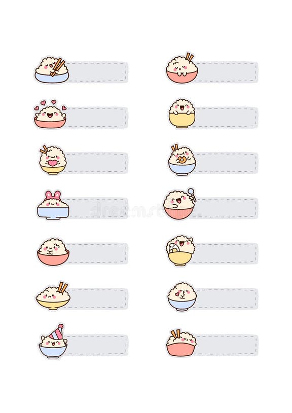 A Cute Rice Bowl Name Tag Sticker Set Stock Photo - Image of sticker ...