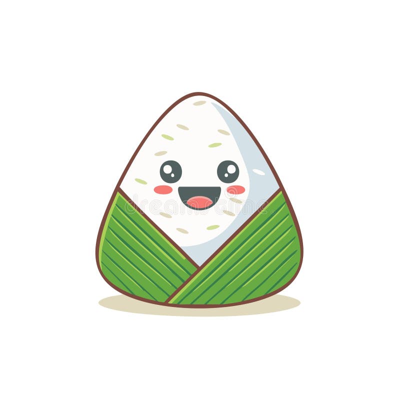 Cute Rice Dumpling Illustration with Kawaii Face and Green Leaf Wrap ...