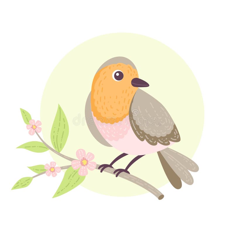 Cute Robin Bird Sitting on a Tree Branch. Vector Illustration in Flat ...