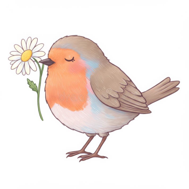 Cute Robin Holding a Daisy Flower Stock Illustration - Illustration of ...