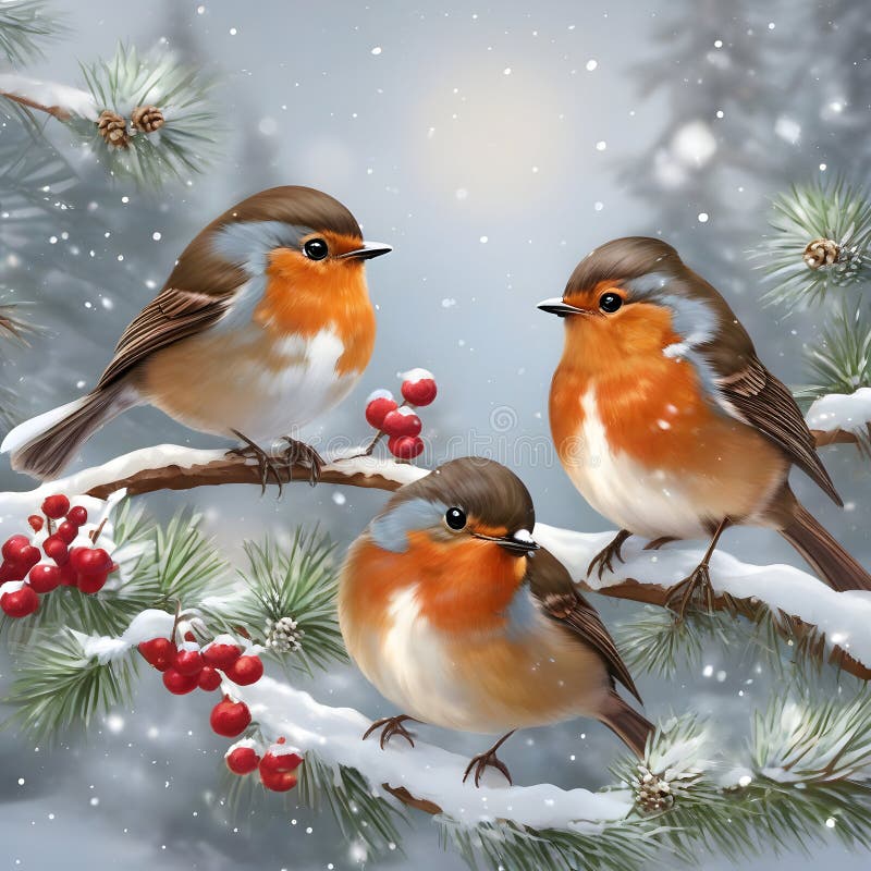 Cute Robin Perched on a Branch in Winter. Ai-Generated. Stock ...