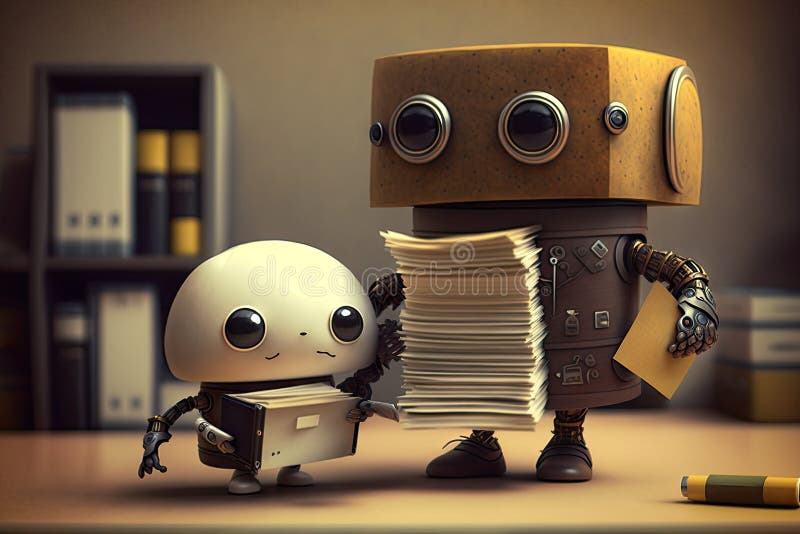 Cute Robot Assistant, Assisting Busy Office Worker, with Important ...