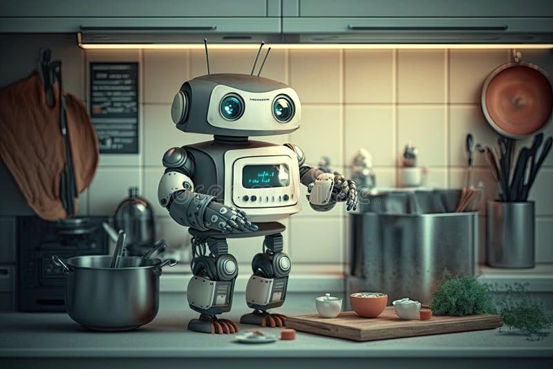 Cute Robot Assistant, Assisting with Cooking in Modern Kitchen Stock ...
